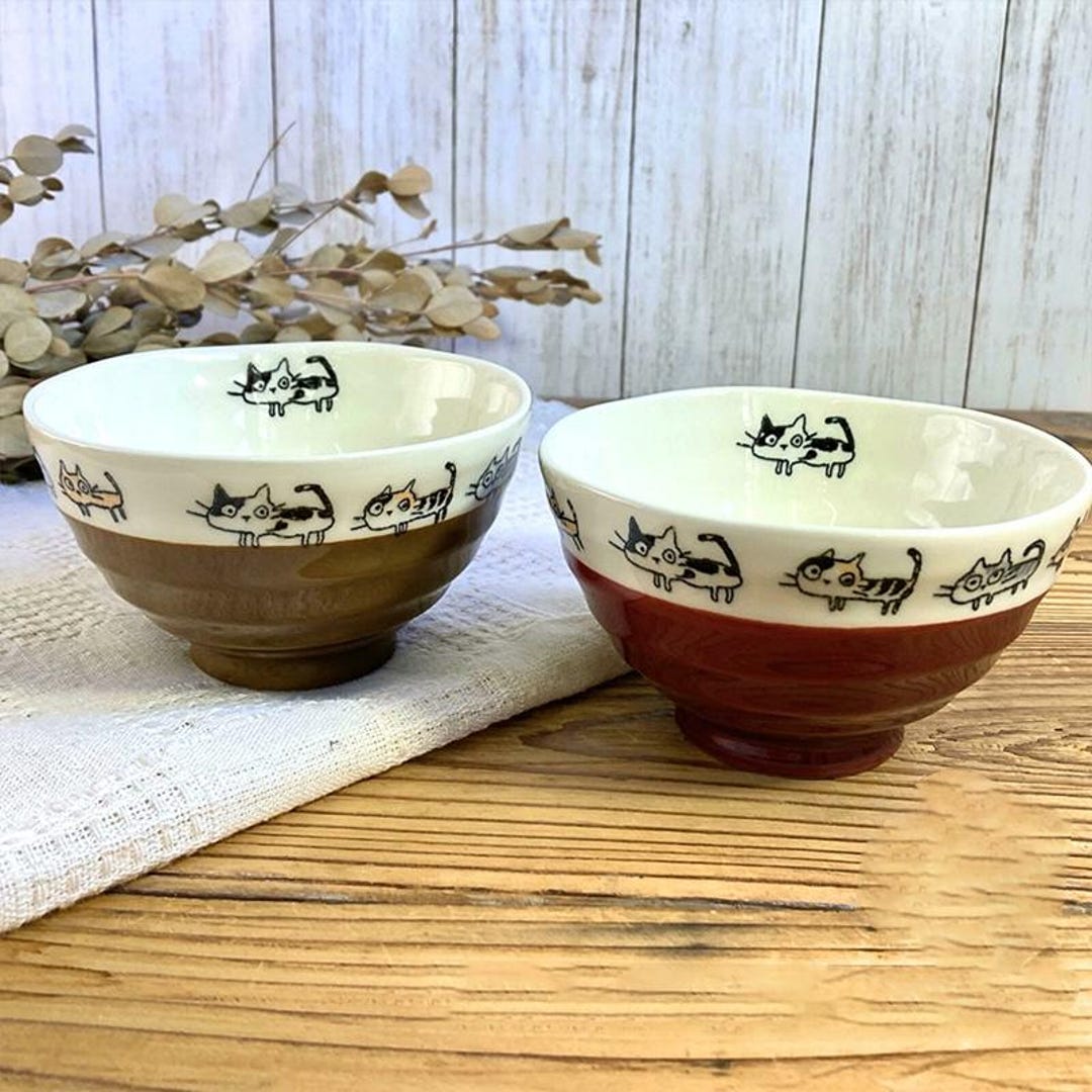 Mino Ware Kitty Cat Meow Two Rice Bowls Brown and Red Color Set Made in ...