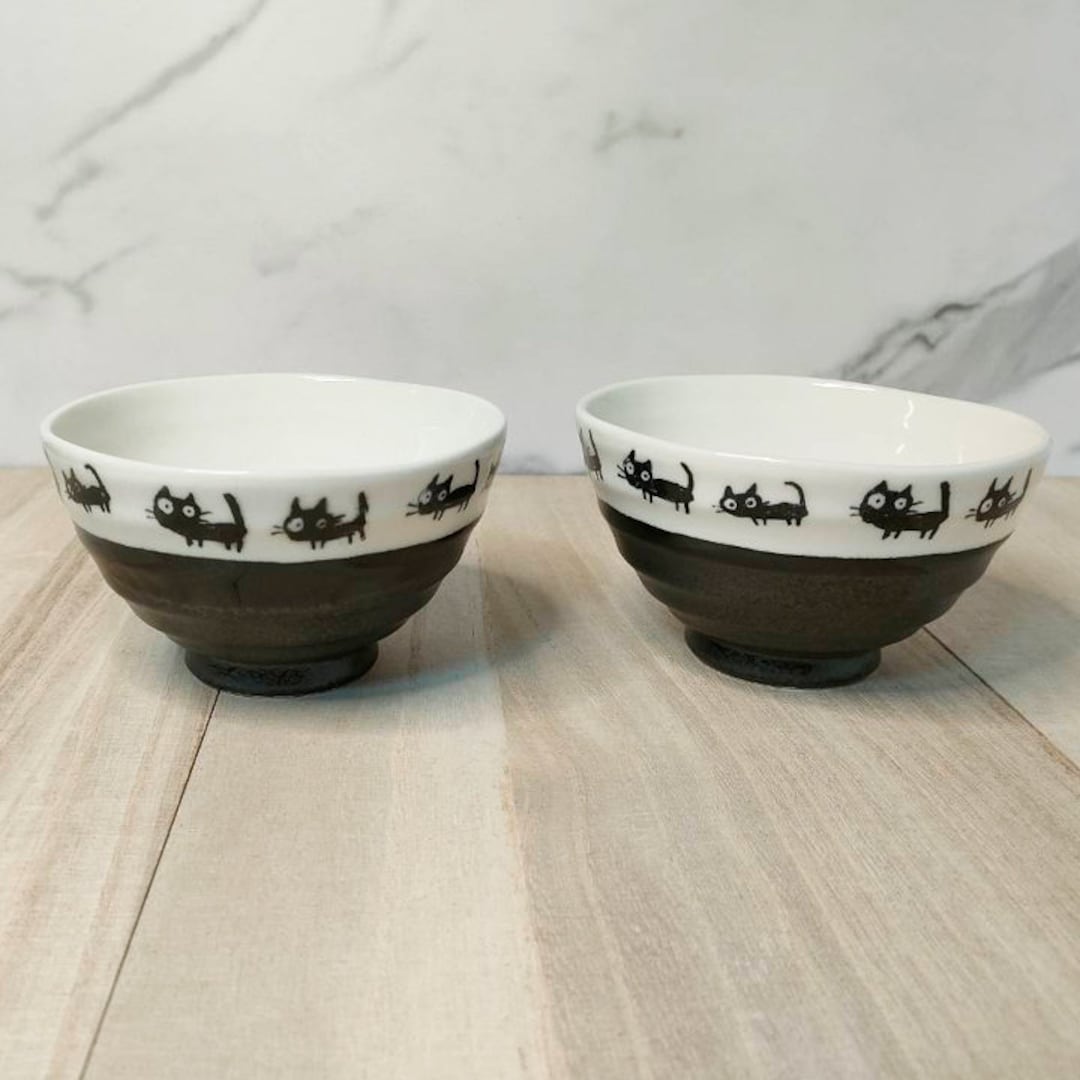 Mino Ware Black Kitty Cat Meow Two Rice Bowls Set Made in Japan - Etsy