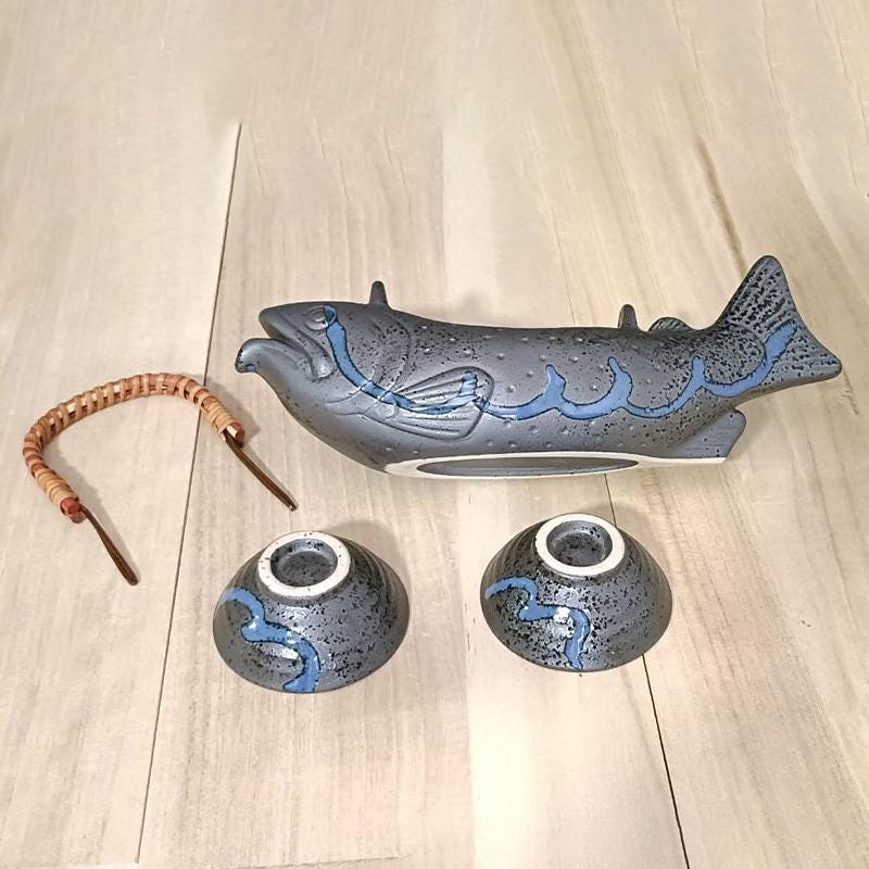 Mino Ware Blue Line SAKANA Fish Design Sake Bottle and SAKE Cup X 2 Set ...