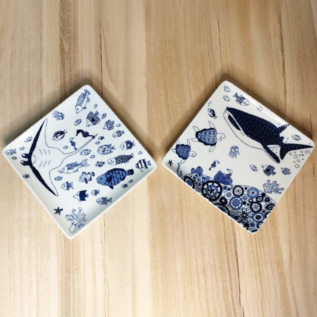 Hasami Ware Japanese Square Plate Whale Shark/manta Ray 2 Plate Set ...