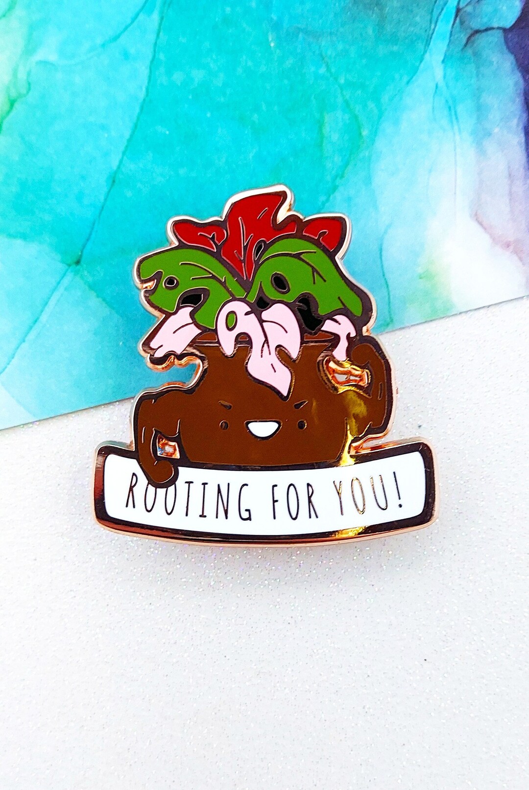 Rooting for You! (pink) — Hard Enamel Pun Pin — Plantastic Pals Plant ...