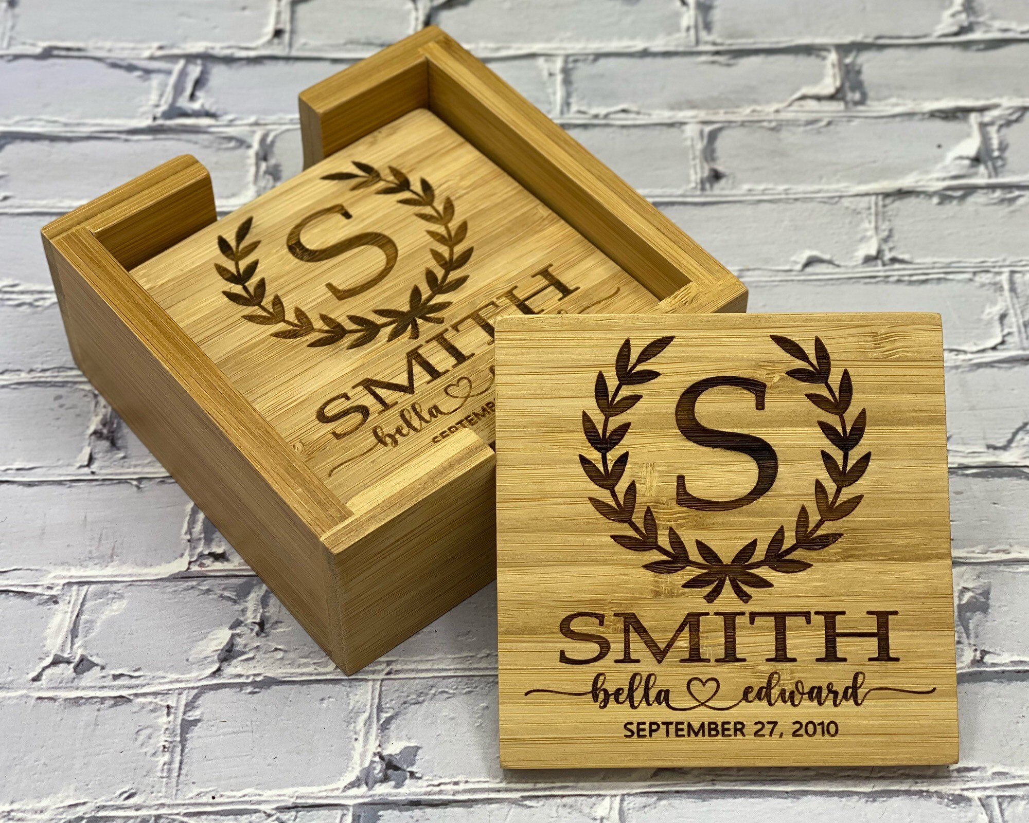 Personalized Bamboo Coasters Square 4 Coaster Set w/ Holder | Etsy