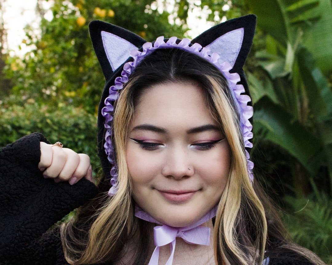 Kawaii Black Cat Bonnet - Black and Purple Lolita EGL Accessories ...