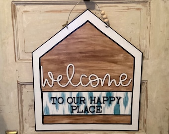 Front Door Hanger | Welcome to Our Happy Place | Whitewashed Door Sign ...