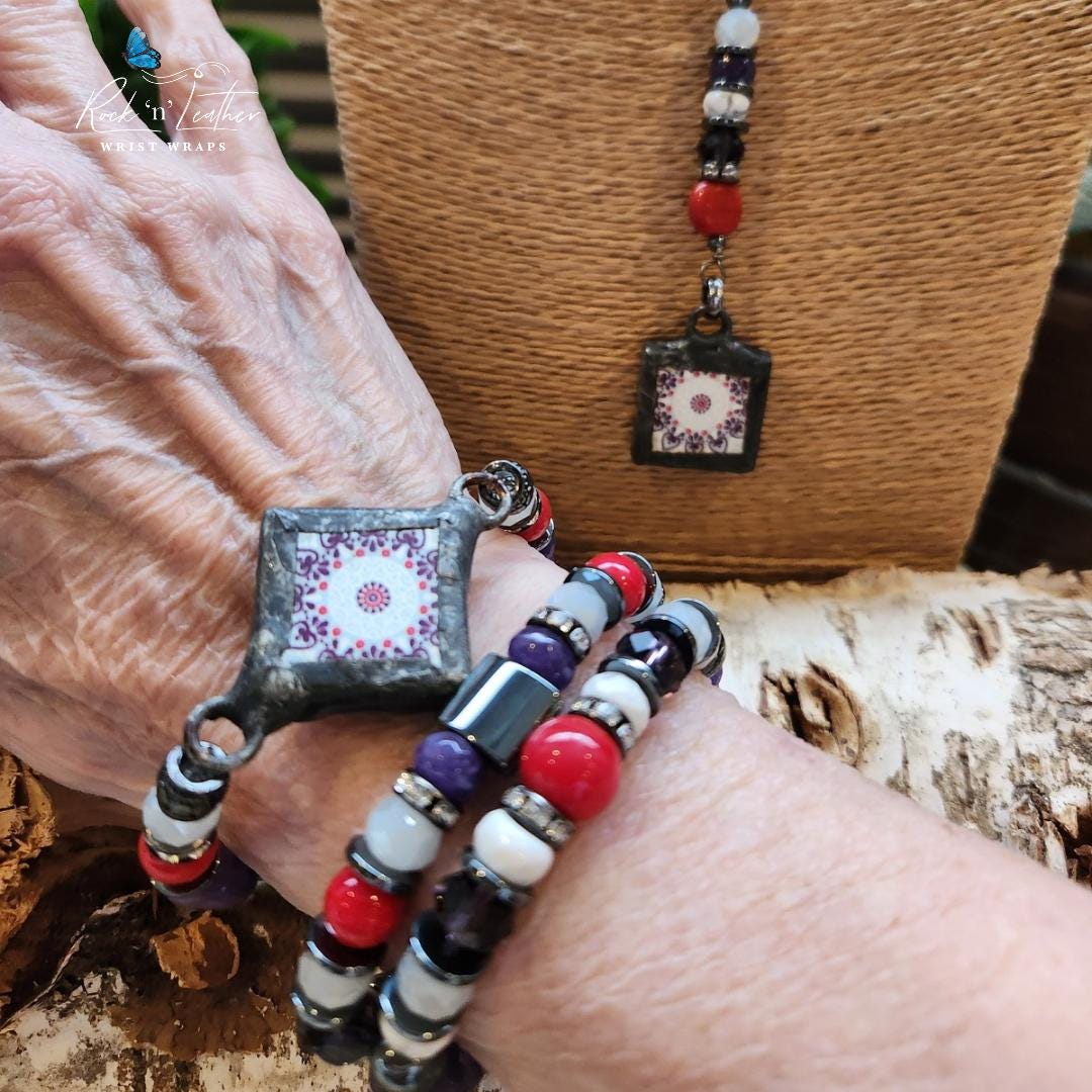 Soldered Ceramic Tile Beaded Jewelry Set With Triple Bracelet Stack and ...