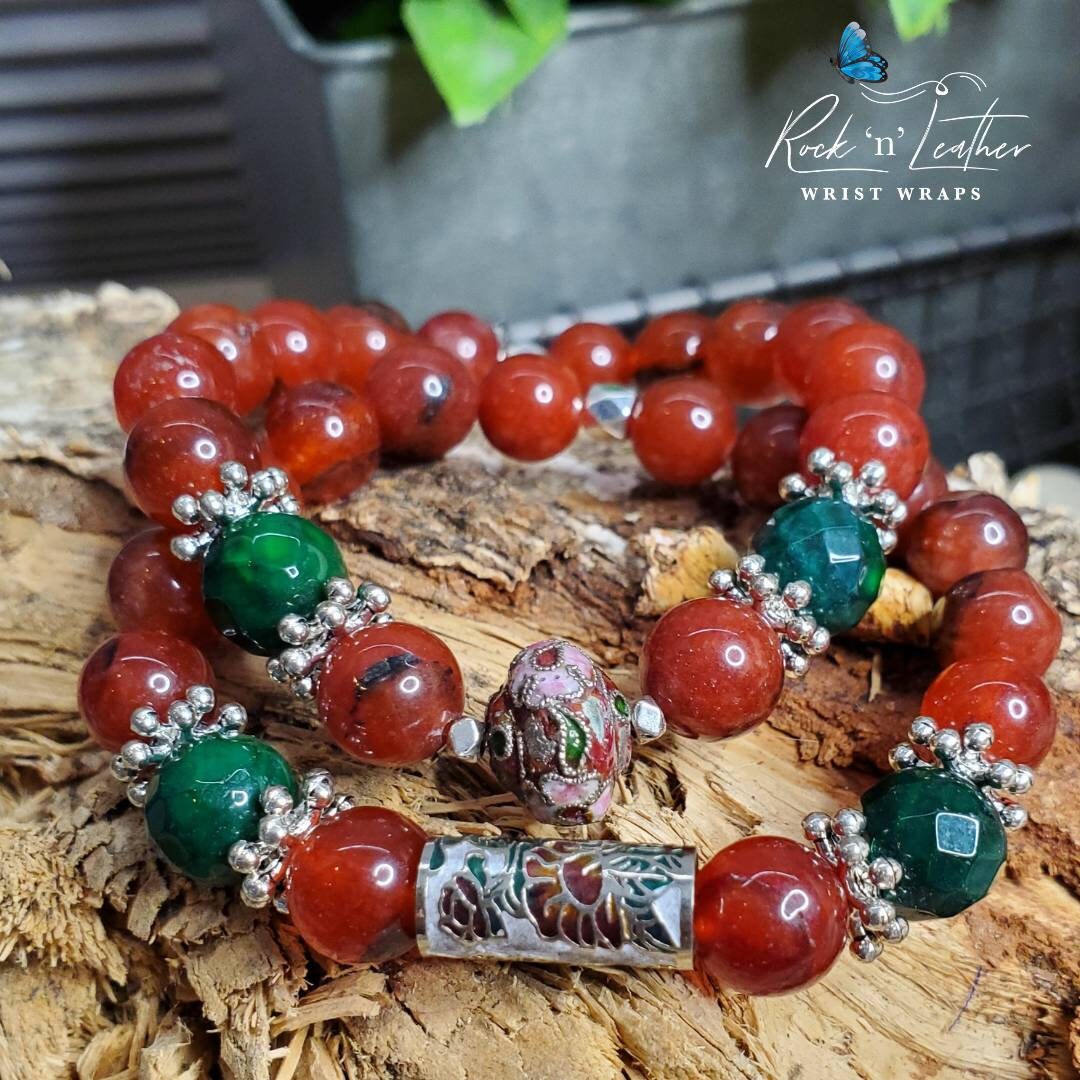 Beautiful Rusty Red and Hunter Green Pair of Bracelets With Silver ...