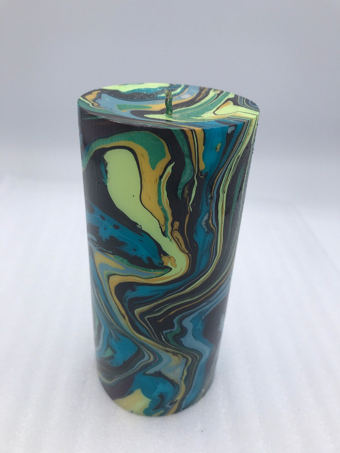 Marbled Pillar Candle Peacock Iridescent Swirl Hand-dip Dyed Designer ...