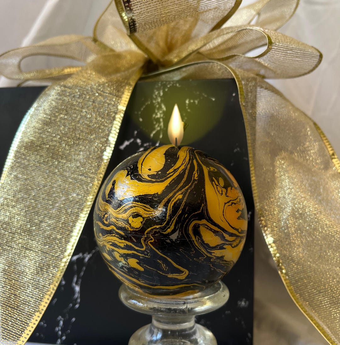 Marbled Ball Candle Gold and Black Swirl Sparkling Dip-dyed Sphere ...