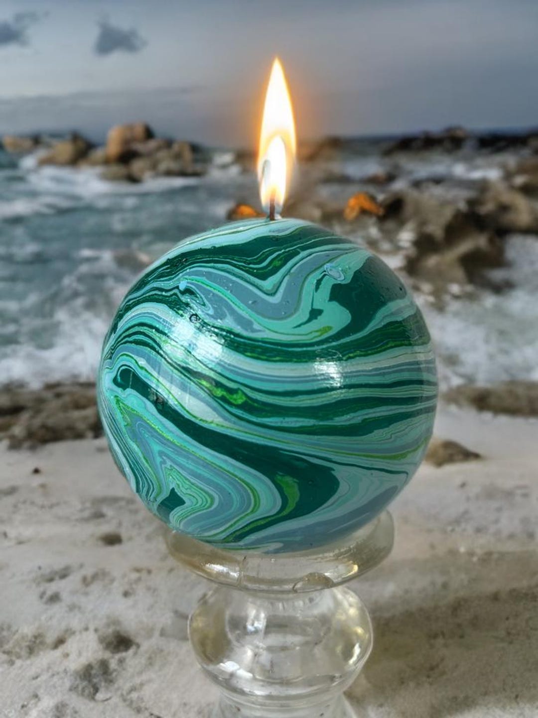 Marbled Ball Candle Aqua Swirl Nautical Dip-dyed Sphere Handpainted ...