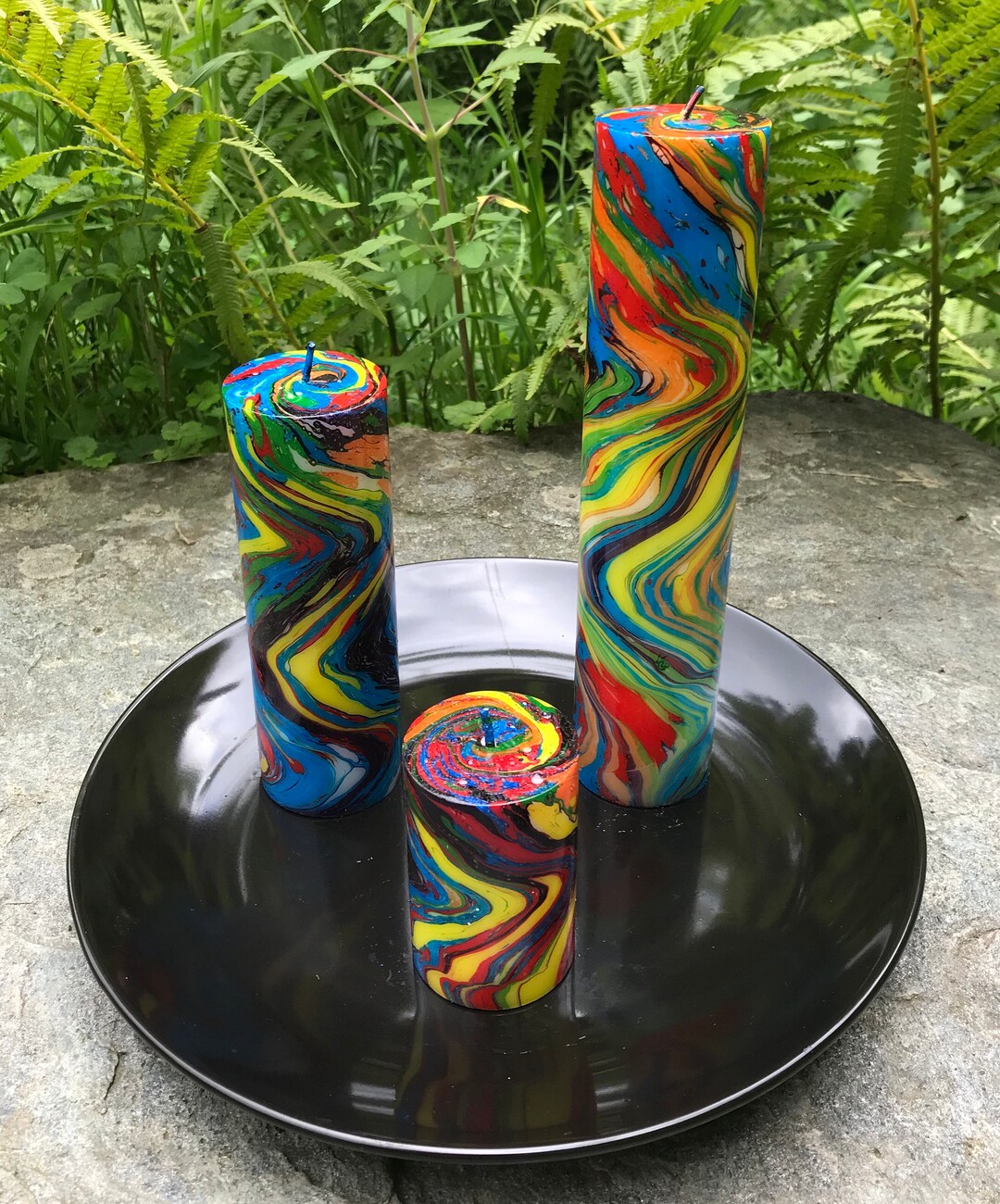 Marbled Pillar Candle Rainbow Swirl Hand-dip Dyed Colorful Tie-dye ...