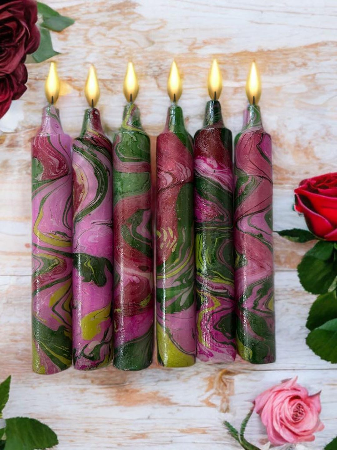 Marbled Candle Set Rose Swirl Romantic Hand-dyed 5” Mini Candlesticks ...