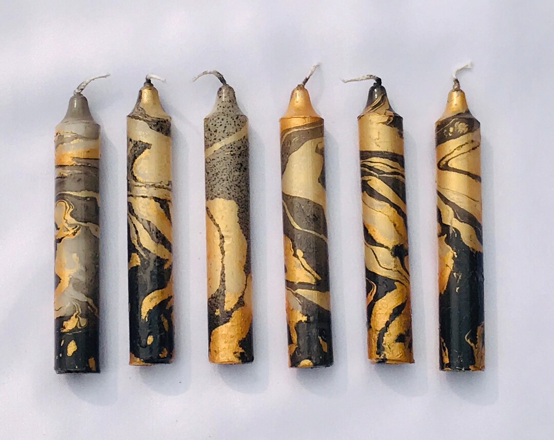 Marbled Candle Set Gold & Black Swirl Elegant Hand-dyed 5 Mini ...