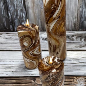 Marbled Pillar Candle Coffee & Cream Swirl Hand-dip Dyed Home ...