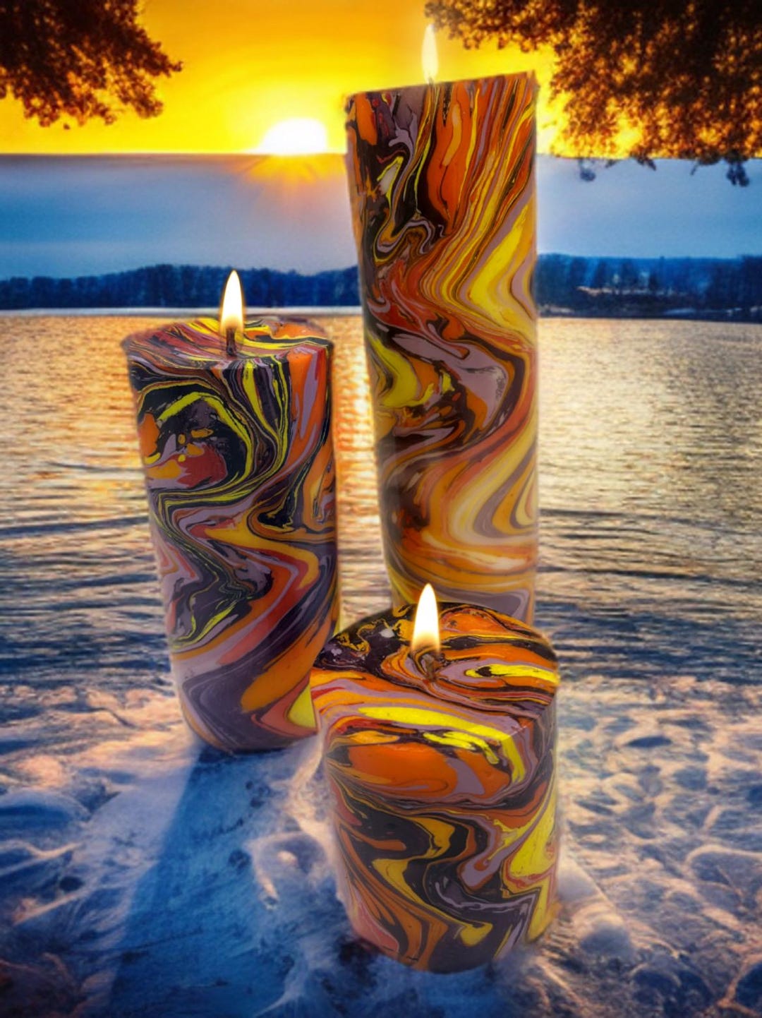 Marbled Pillar Candle Sunrise Swirl Hand-dip Dyed Elegant Home Decor ...