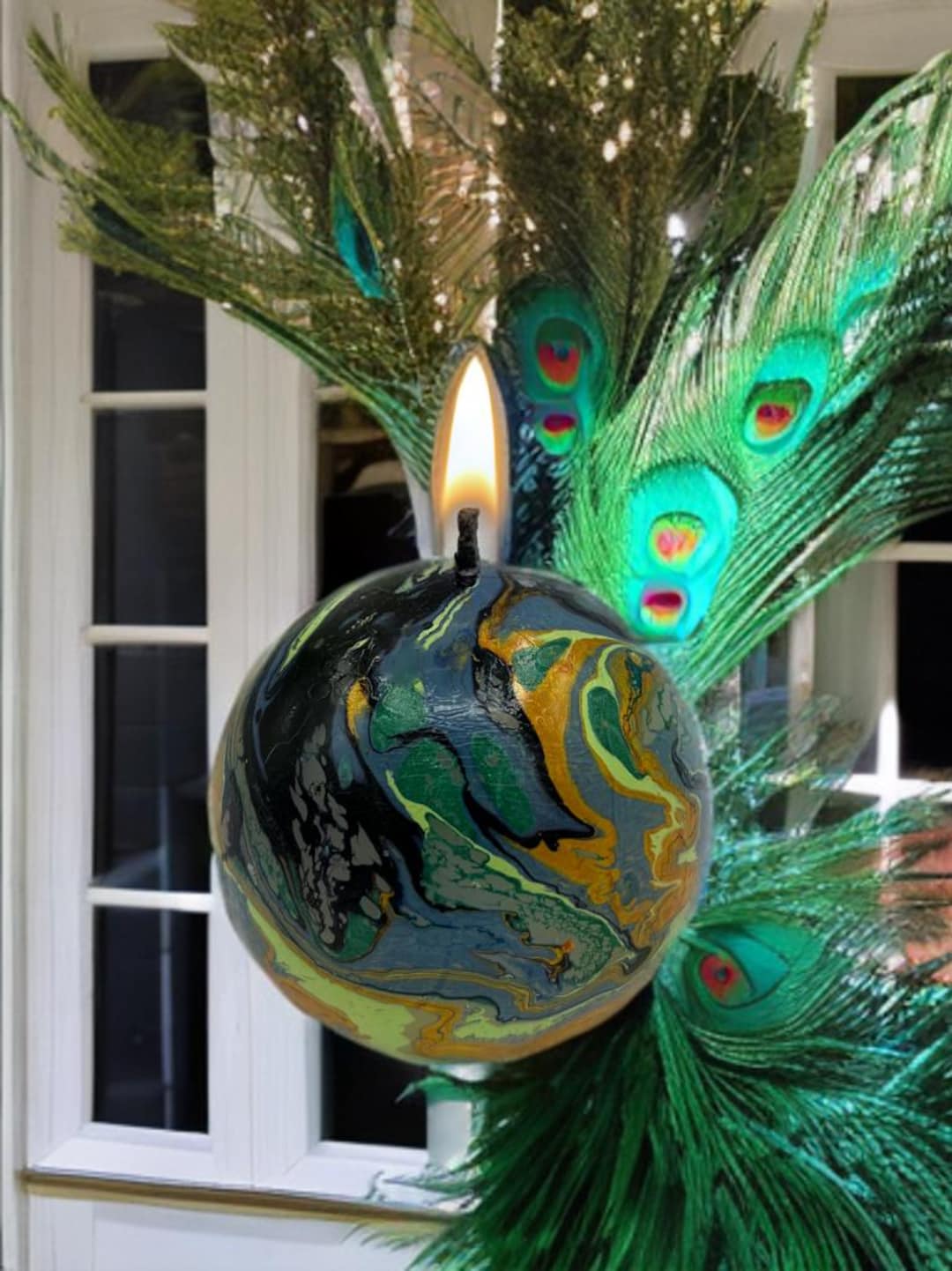 Marbled Ball Candle Peacock Swirl Iridescent Dip-dye Sphere Handpainted ...