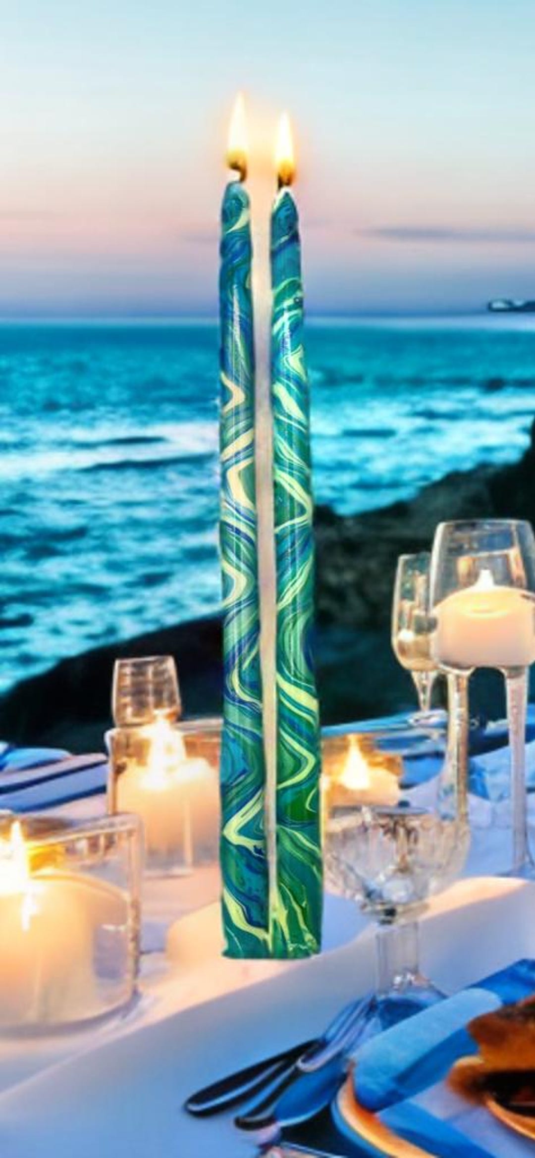 Marbled Taper Candle Ocean Swirl Nautical Wave Dip-dyed Candlestick ...
