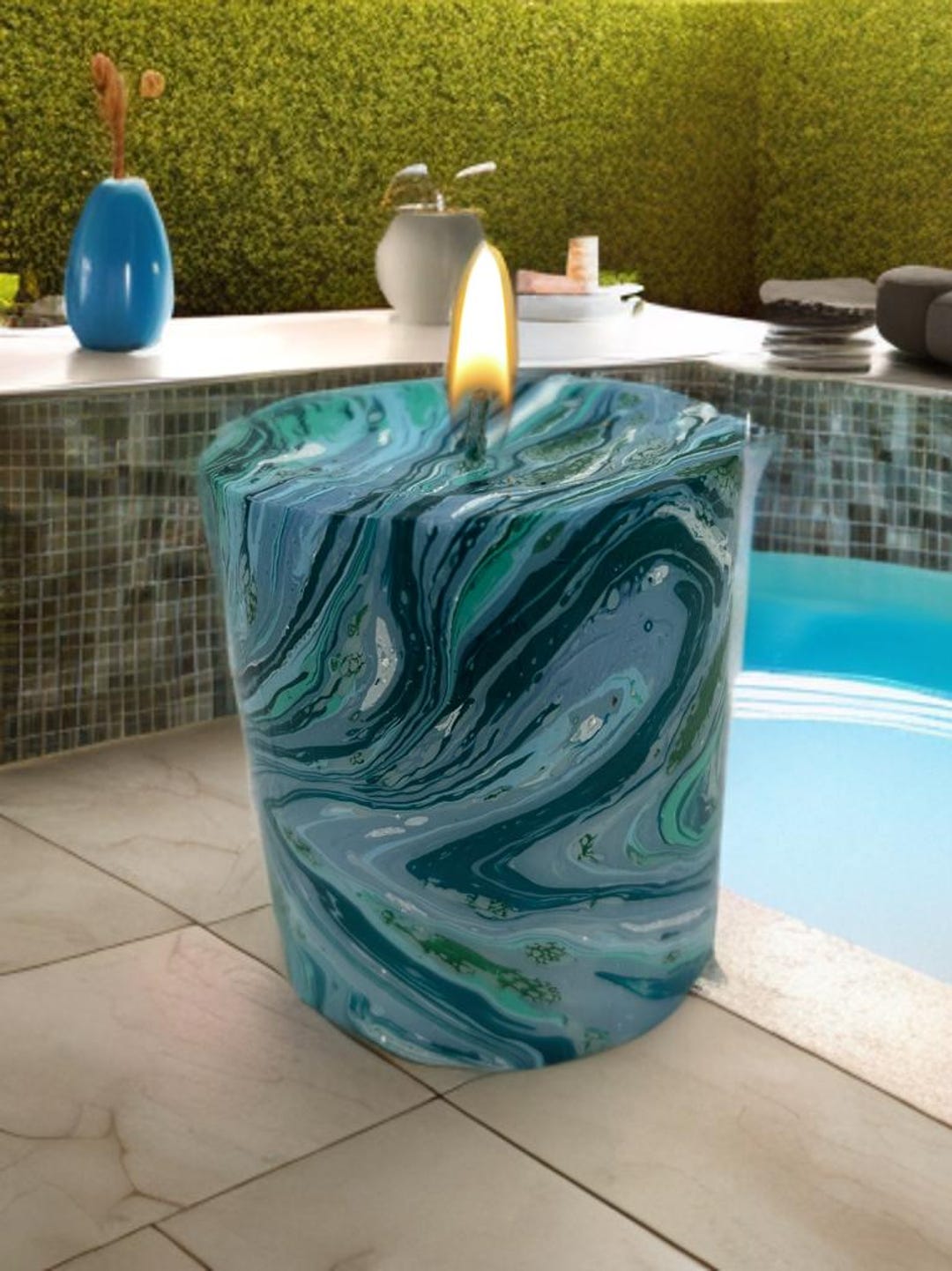 Marbled Pillar Candle Aqua Turquoise Swirl Hand-dip Dyed Tranquil Beach ...
