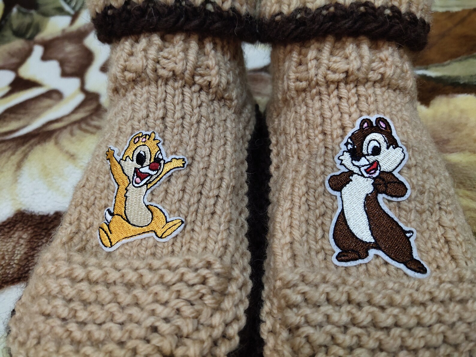 Hand Knitted Disney Chip and Dale Slippers Socks with Patch | Etsy