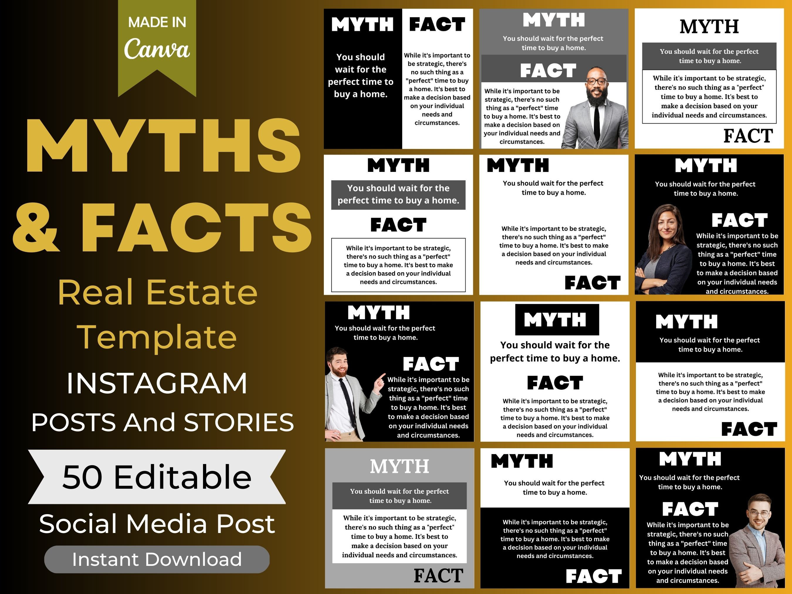 50 Myths & Facts Real Estate Instagram Posts, Editable Canva Templates ...