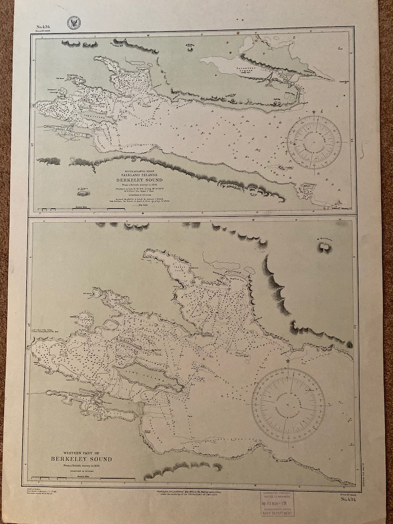 Map of Falkland Islands Berkeley Sound 21" X 30" Soundings Chart. - Etsy