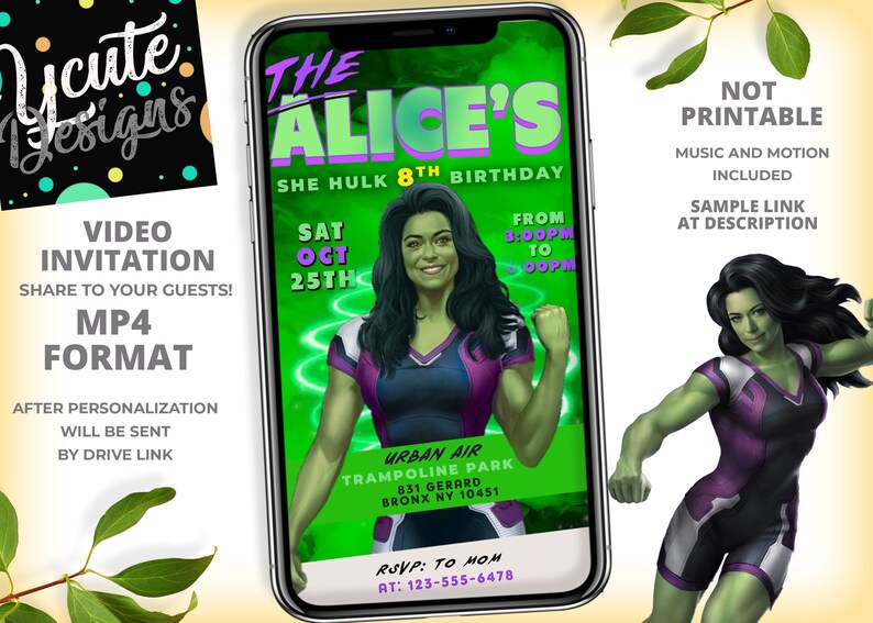 She-hulk Birthday Invitation, She Hulk, Hulka , Video Invitation, Girl ...