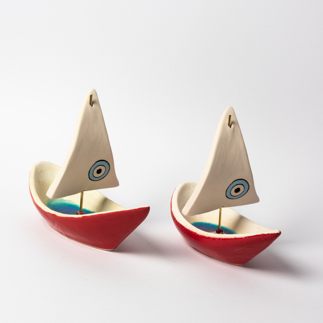 Ceramic Sailing Boat With Evil Eye, Handmade Greek Souvenir, Home Decor ...