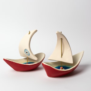 Ceramic Sailing Boat With Evil Eye, Handmade Greek Souvenir, Home Decor ...