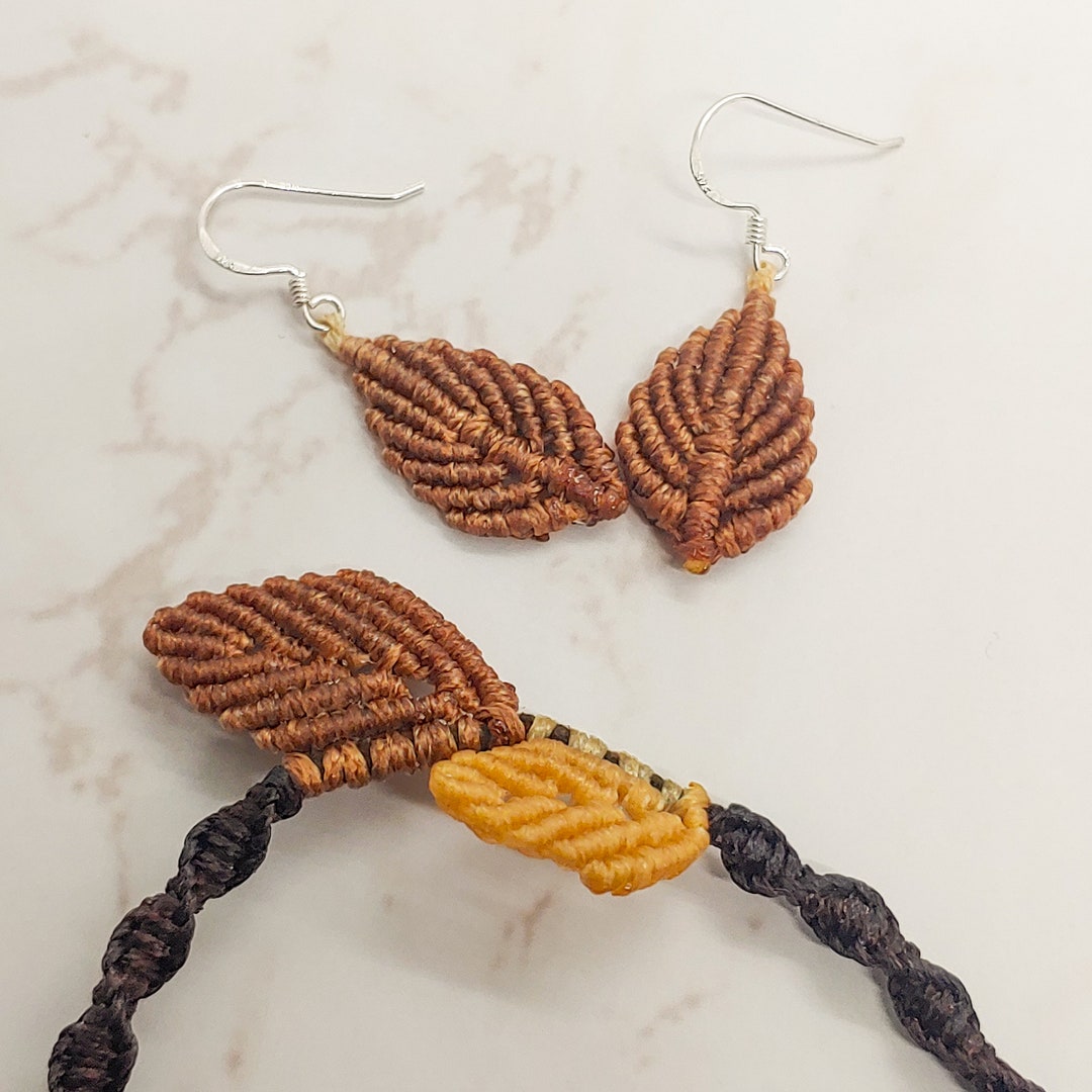 Macrame Brown Leaf Earring and Bracelet Accessory - Etsy