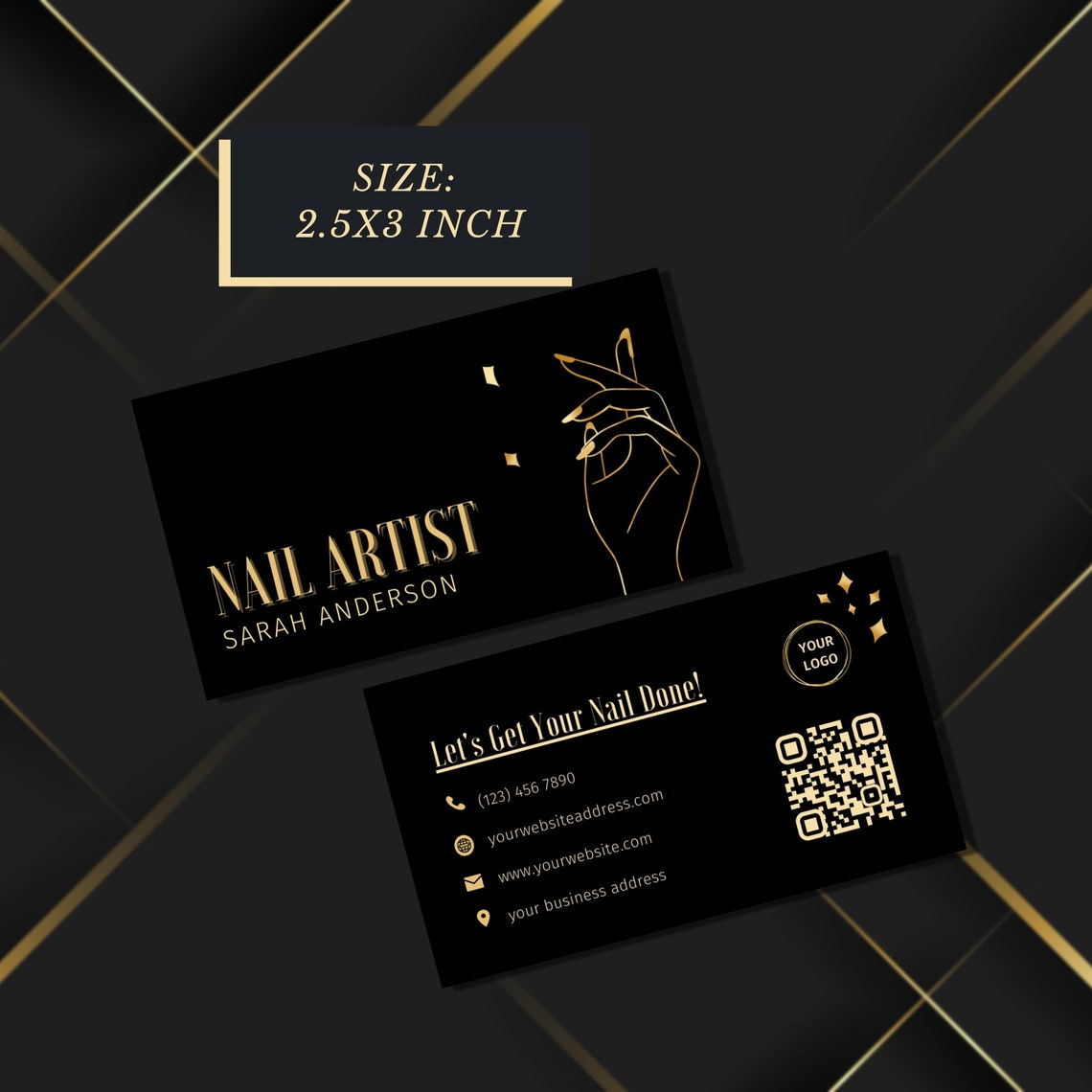 Gold Black Nail Tech Business Card Canva Template Editable - Etsy