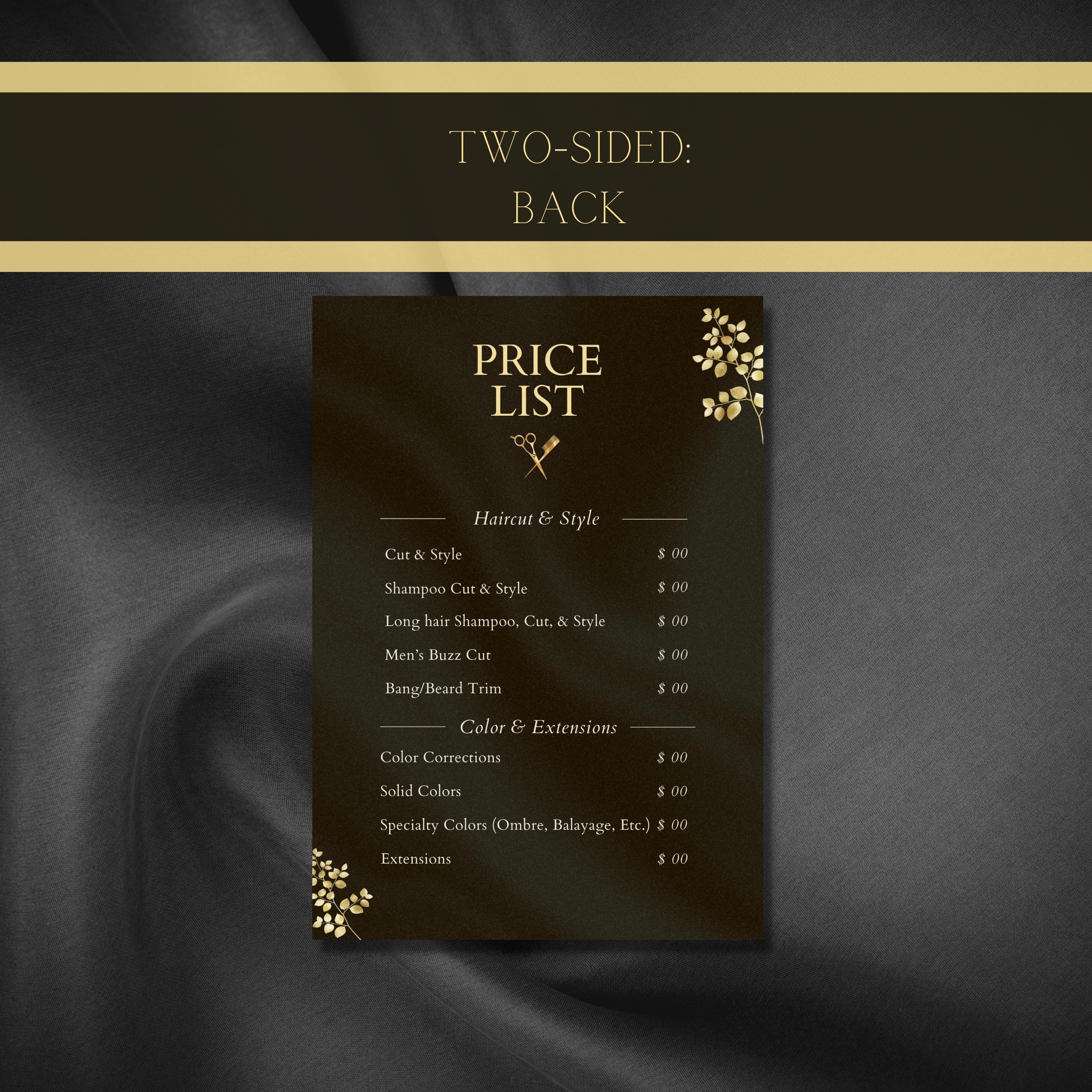 Custom Salon Price List Template Black & Gold, Glam Hairstylist ...