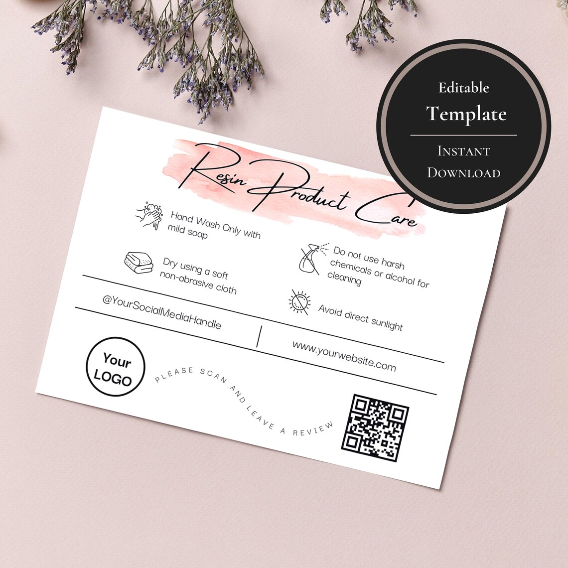Resin Product Care Card Template, Printable Packaging Insert for Small ...