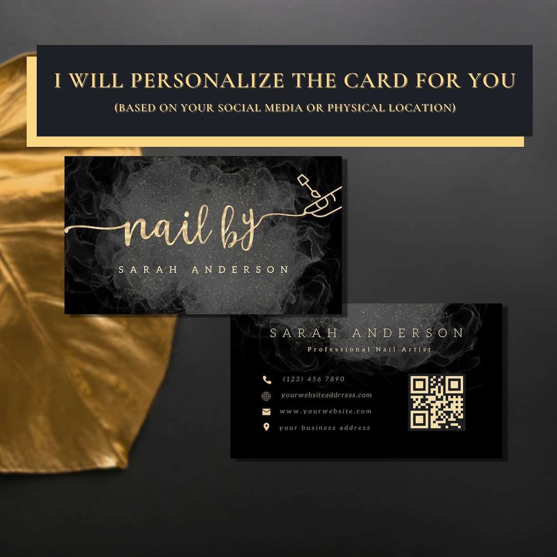 Beautiful Custom Nail Tech Business Cards Design, Black Gold Gray Nail ...