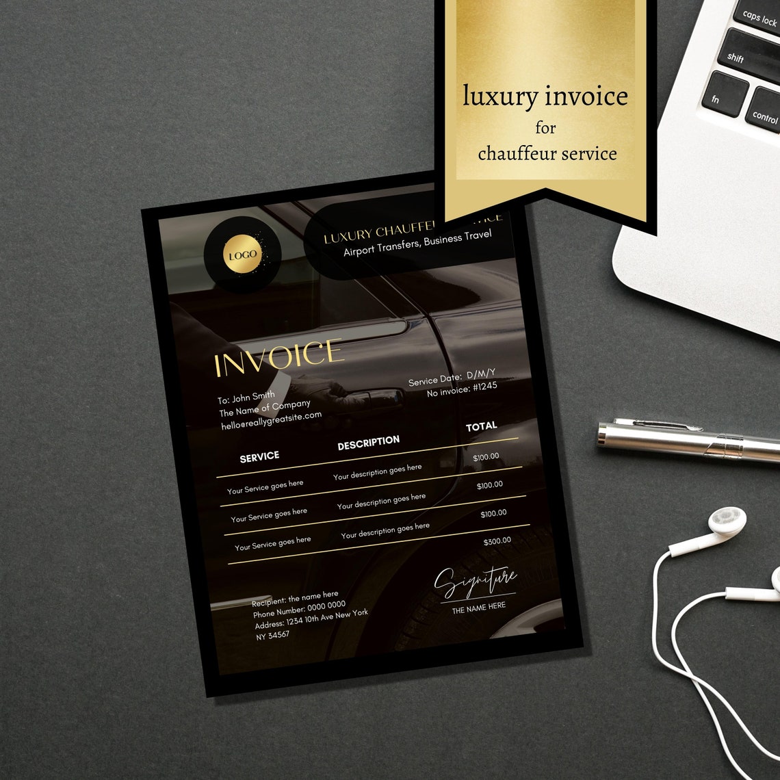 INVOICE Template, Chauffer & Driving Services Invoice, Custom Black ...
