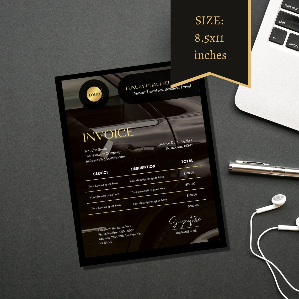INVOICE Template, Chauffer & Driving Services Invoice, Custom Black ...