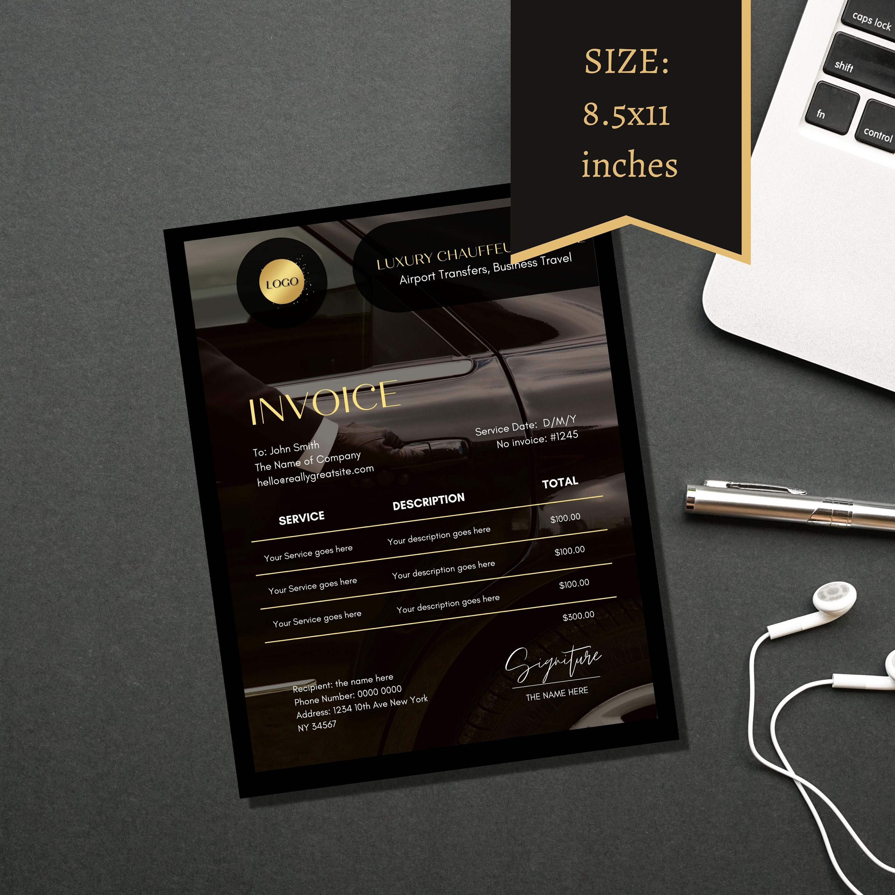 INVOICE Template, Chauffer & Driving Services Invoice, Custom Black ...