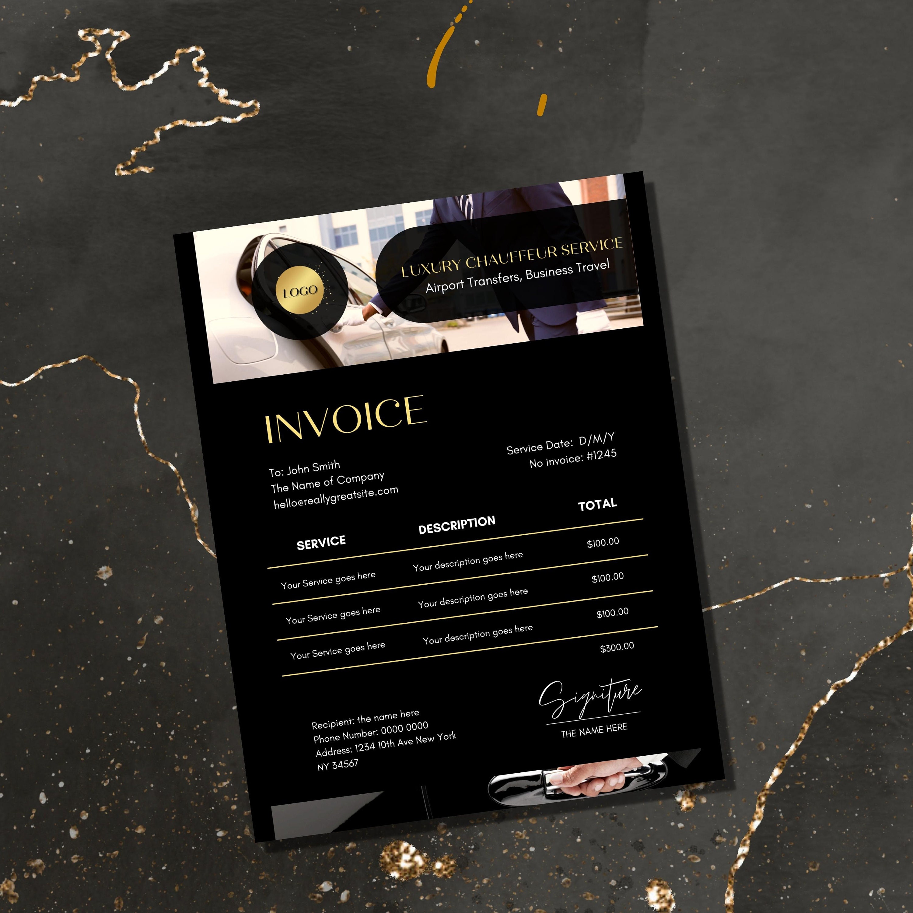 INVOICE Template, Chauffer & Driving Services Invoice, Custom Black ...