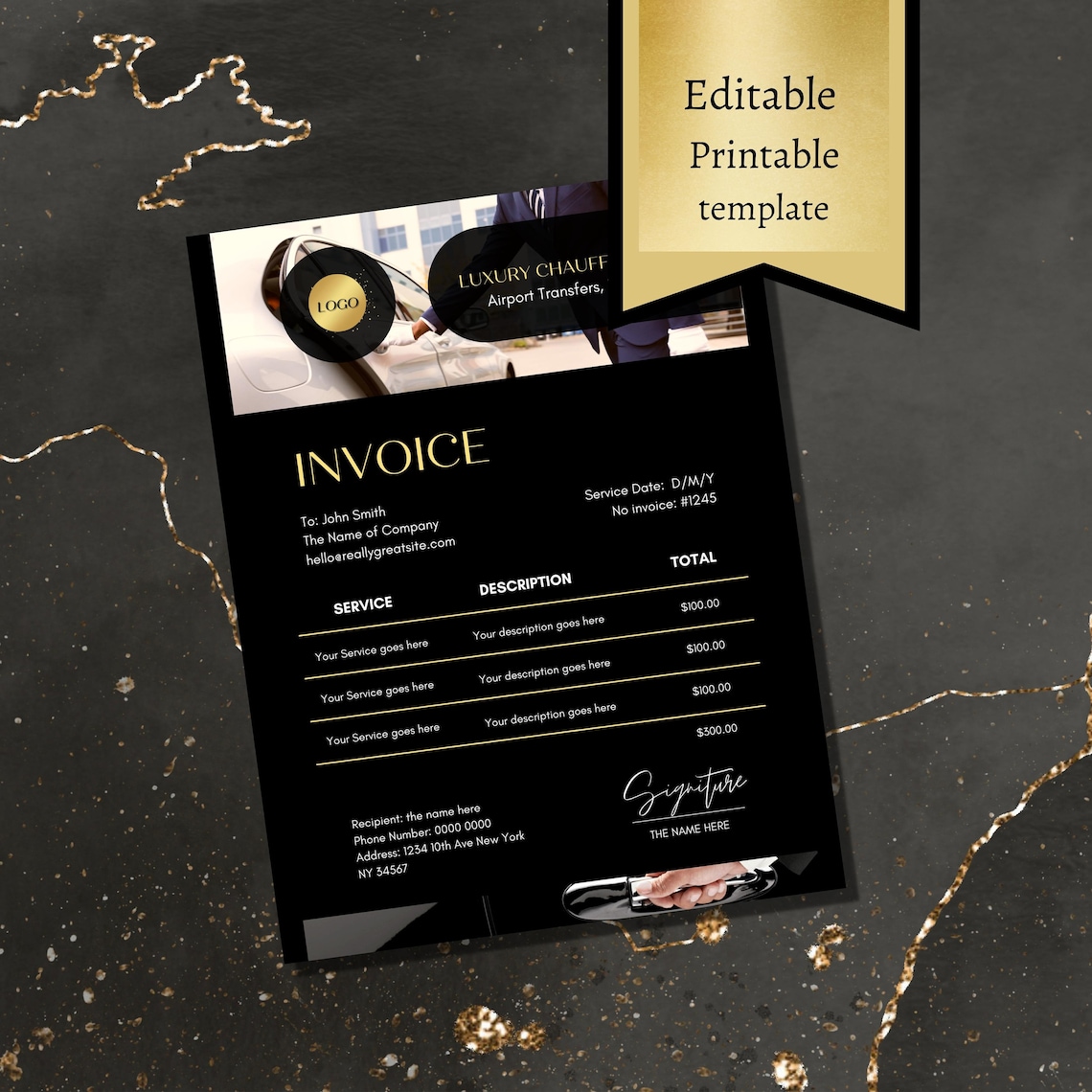 INVOICE Template, Chauffer & Driving Services Invoice, Custom Black ...