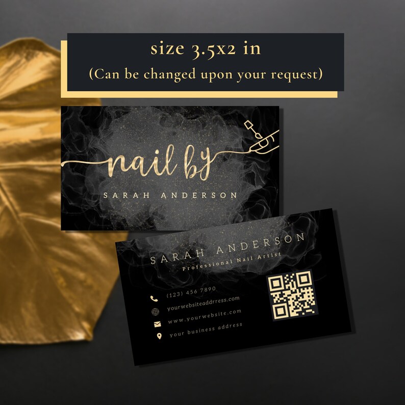 Beautiful Custom Nail Tech Business Cards Design, Black Gold Gray Nail ...