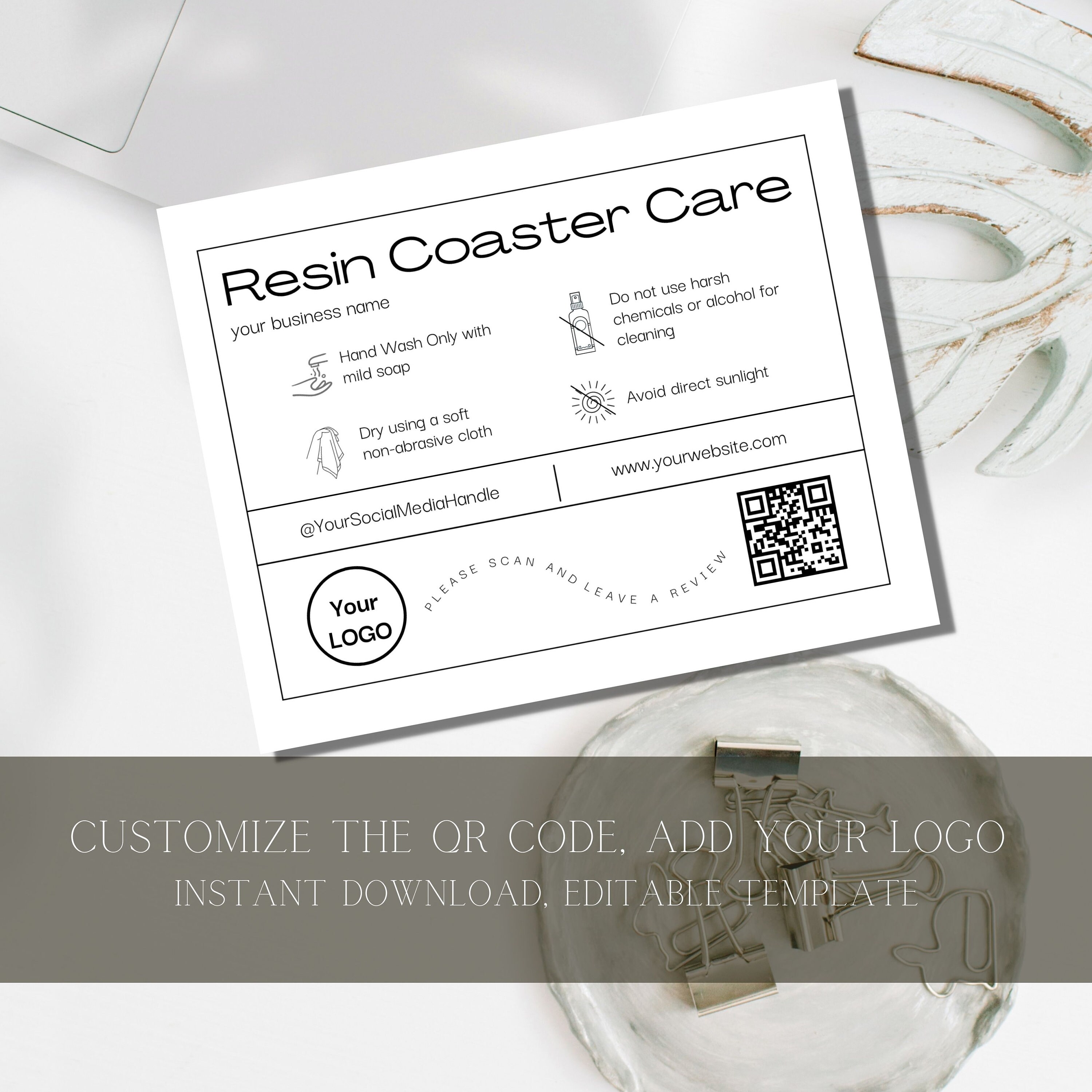 Custom Resin Care Card Template, Resin Coaster Care Instruction With QR ...