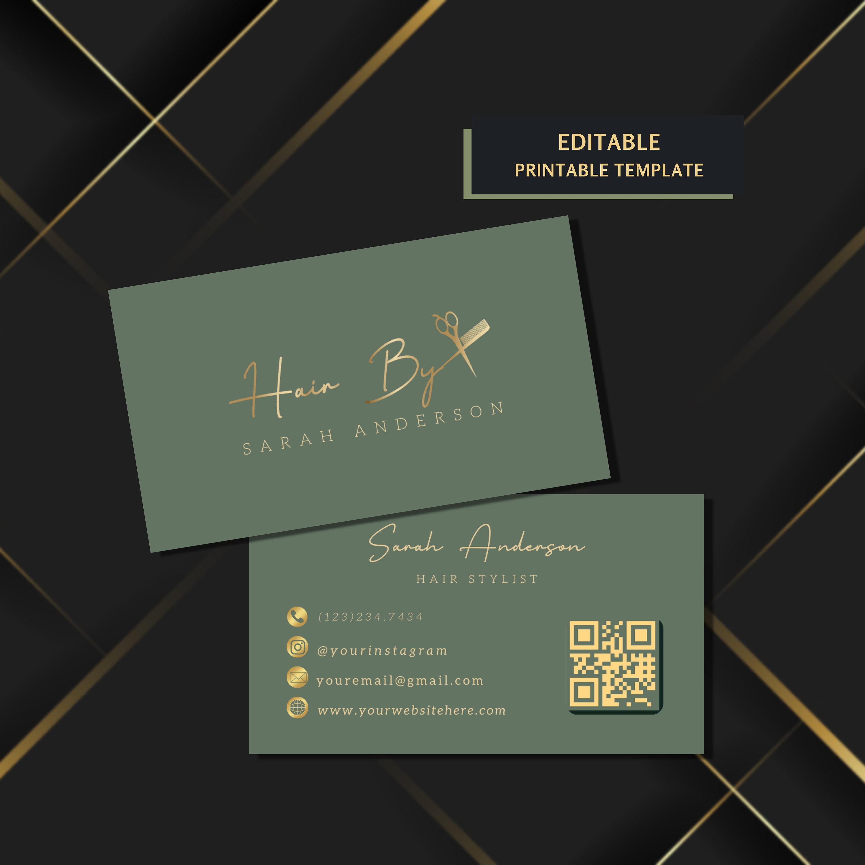 Emerald Green Sage Green Gold Business Cards Template, Custom ...