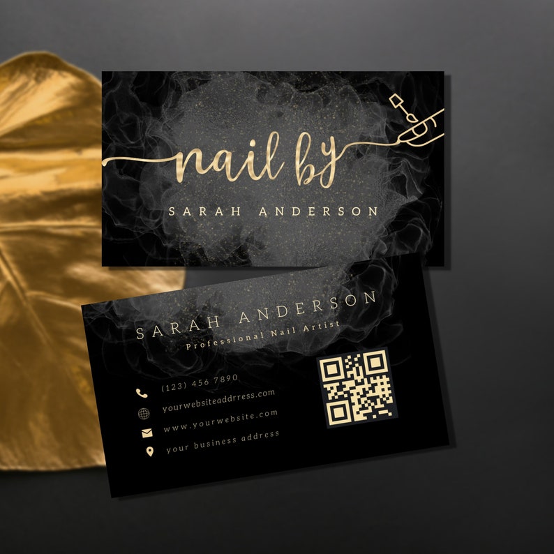 Beautiful Custom Nail Tech Business Cards Design, Black Gold Gray Nail ...