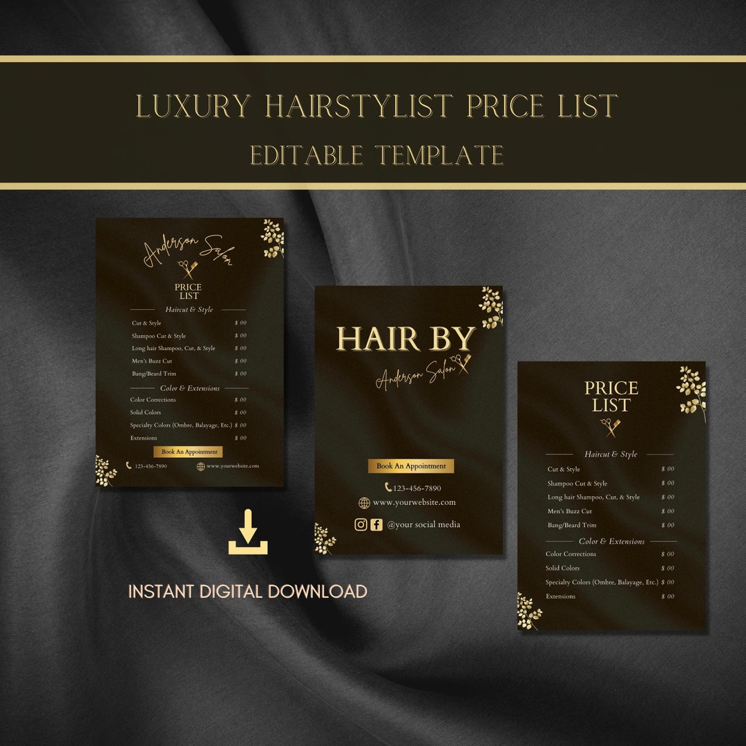 Custom Salon Price List Template Black & Gold, Glam Hairstylist ...
