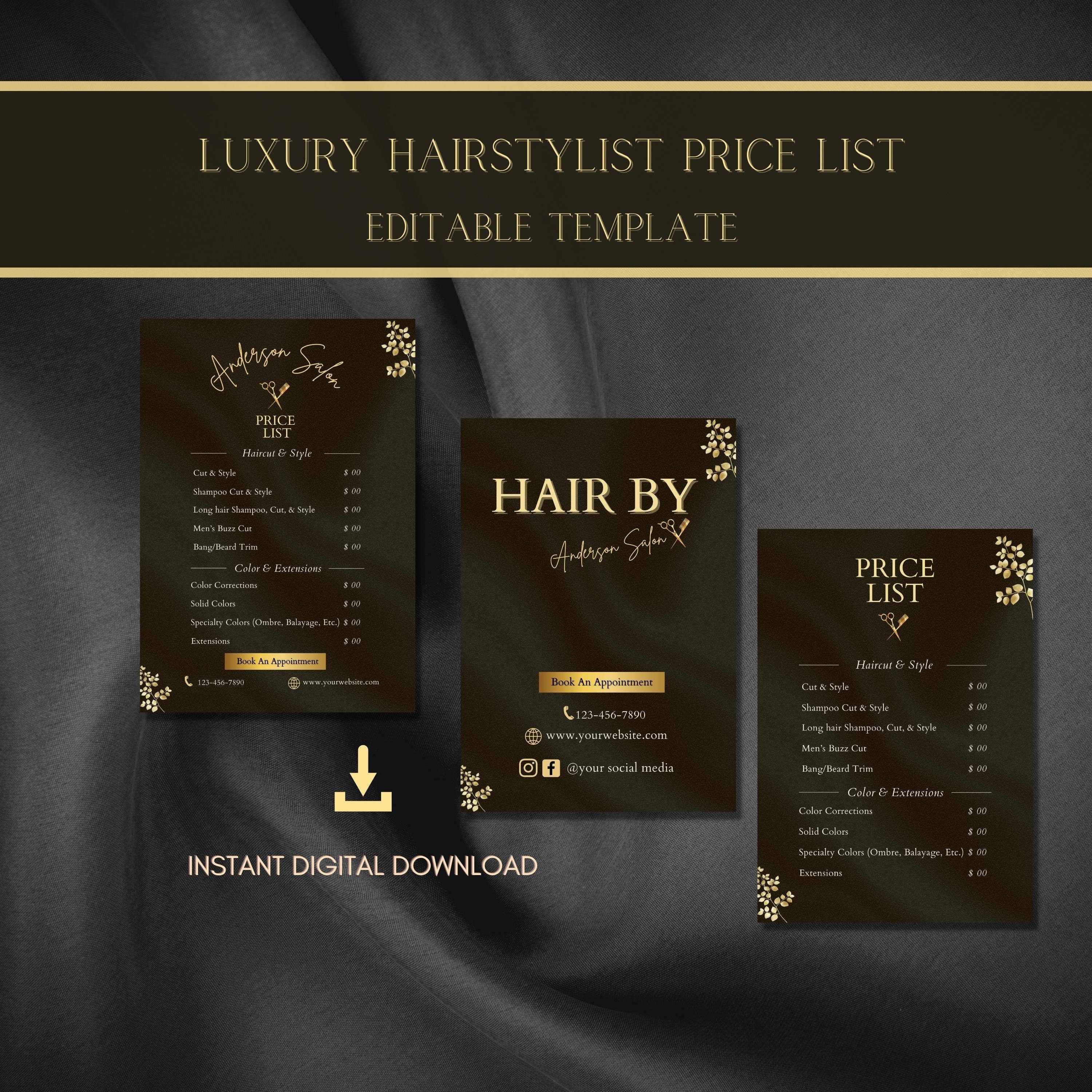 Custom Salon Price List Template Black & Gold, Glam Hairstylist ...