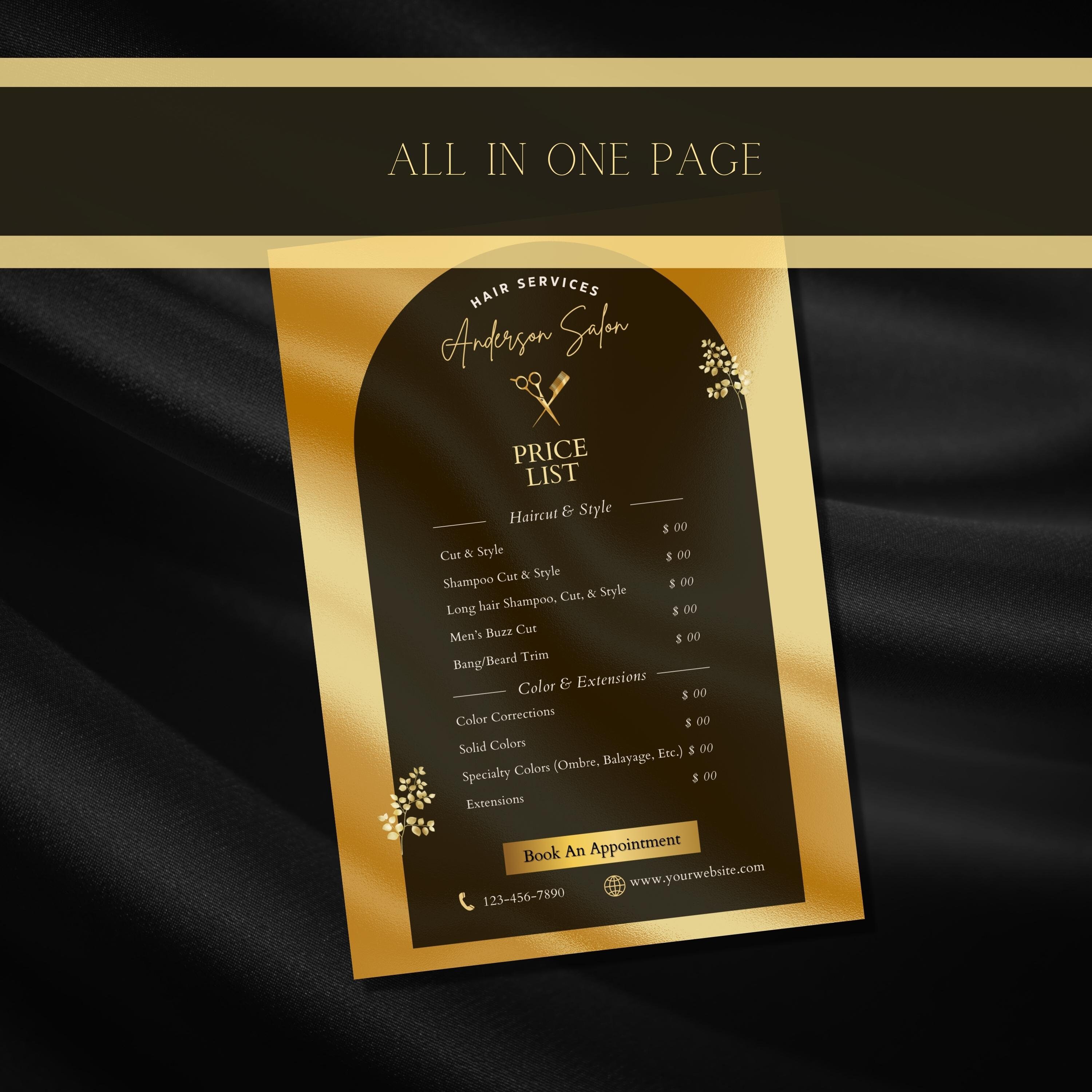 Hair Salon Pricelist and Services Editable Template Barber Gold Price ...