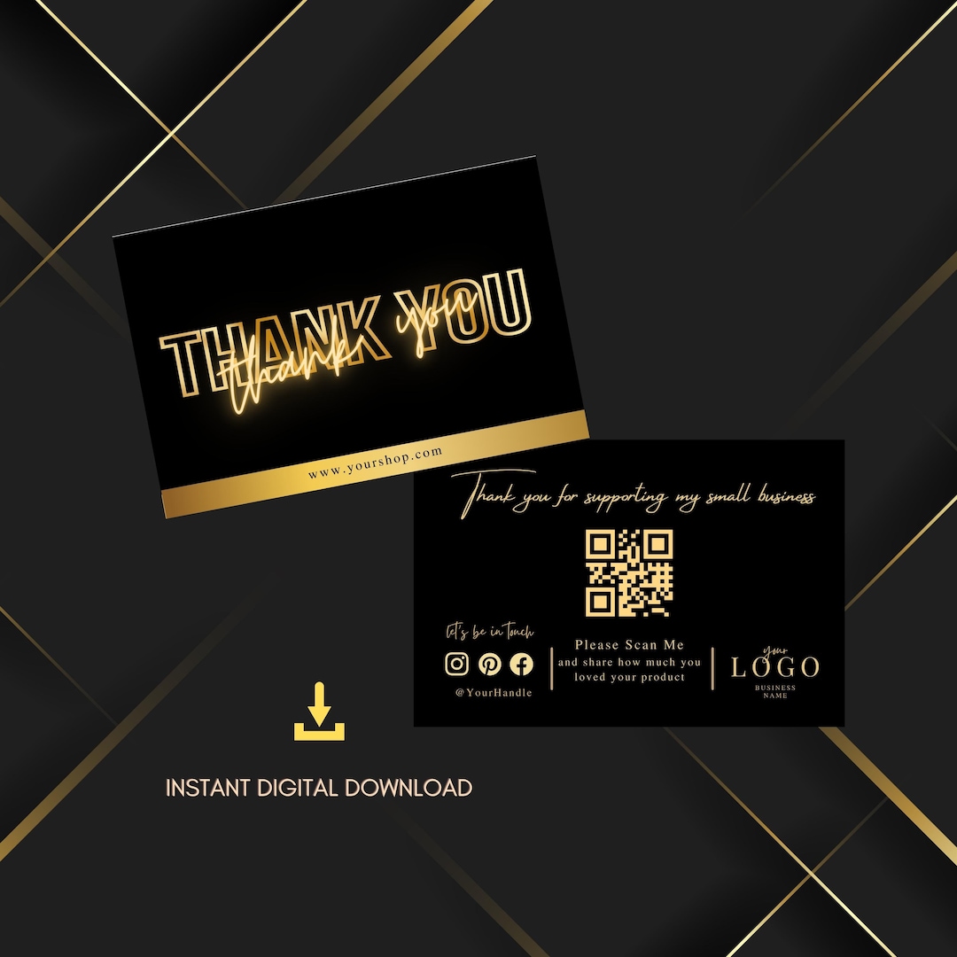 Small Business Thank You Card Template, Lux Black Gold Qr Code Thank ...