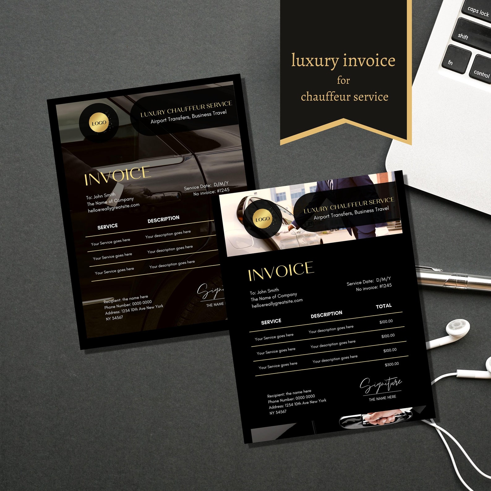 INVOICE Template, Chauffer & Driving Services Invoice, Custom Black ...