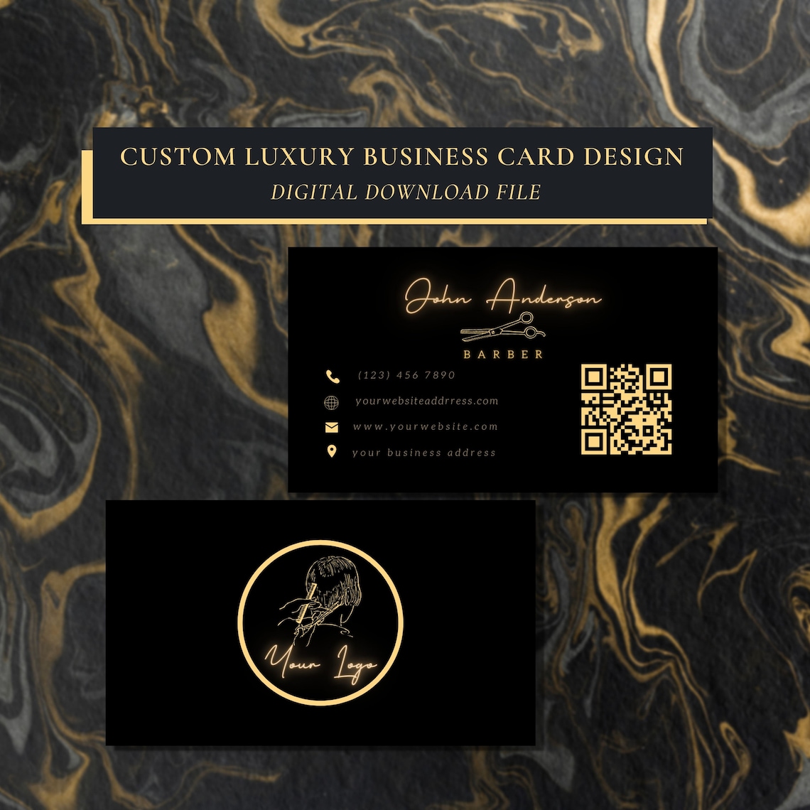 Modern Luxury Barber Business Card Template, QR Code Custom Minimal ...
