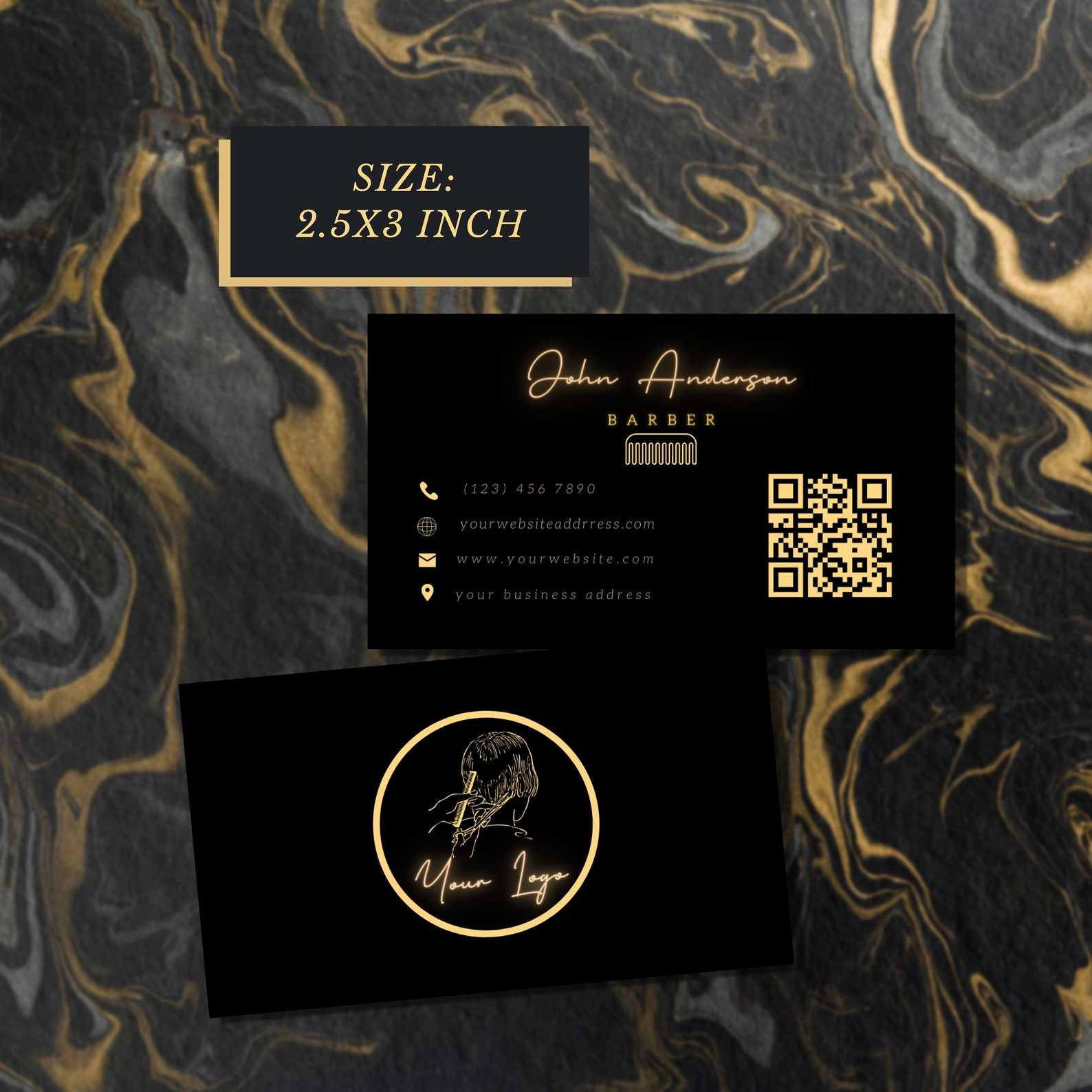 Modern Luxury Barber Business Card Template, QR Code Custom Minimal ...