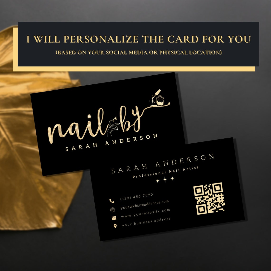 Custom Nail Artist Business Card, Elegant Nail Tech Business Card Black ...