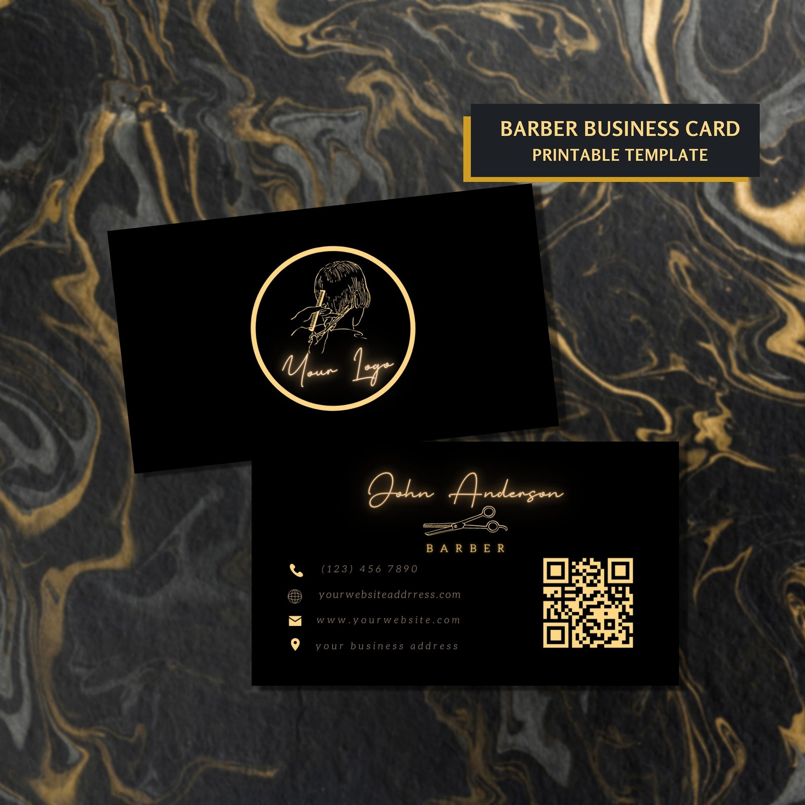 Modern Luxury Barber Business Card Template, QR Code Custom Minimal ...